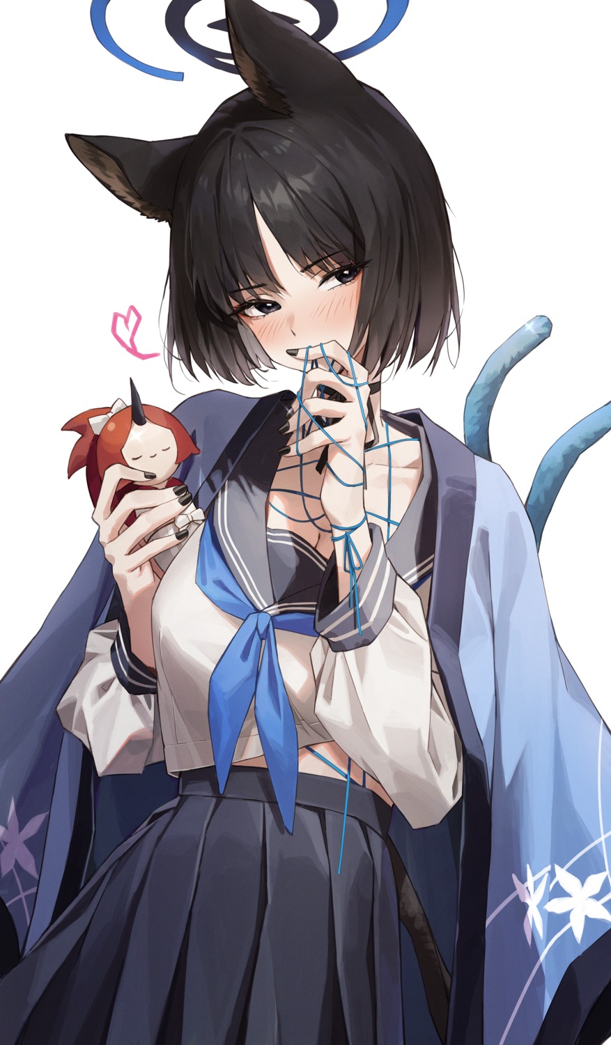 netural blue archive fuwa renge kiryuu kikyou animal ears chibi halo horns japanese clothes ...